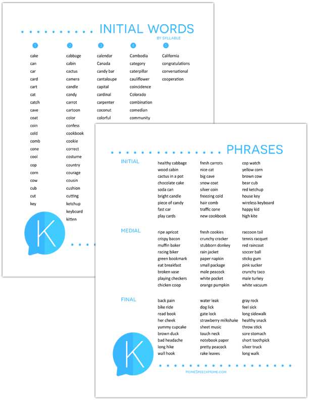 Printable Speech Therapy Flashcards for Kids & Adults - K Sound ...