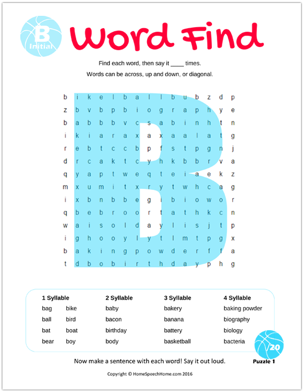 B Articulation Word Search – HomeSpeechHome