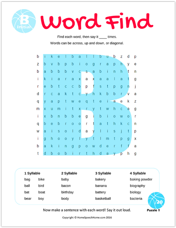 B Articulation Word Search – HomeSpeechHome