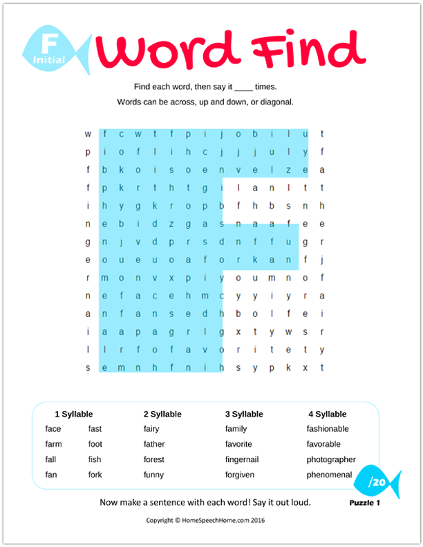 F Articulation Word Search – HomeSpeechHome