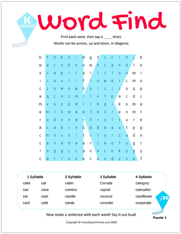 K Articulation Word Search – HomeSpeechHome