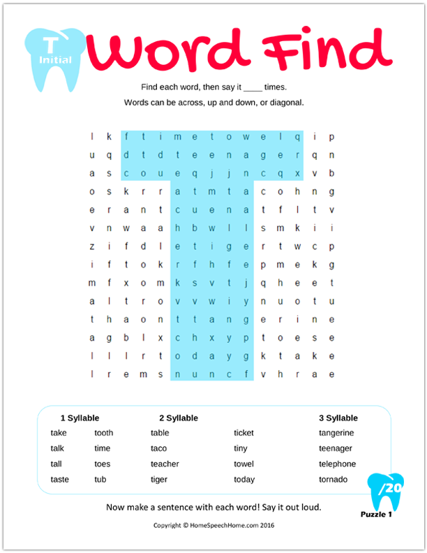 T Articulation Word Search – HomeSpeechHome