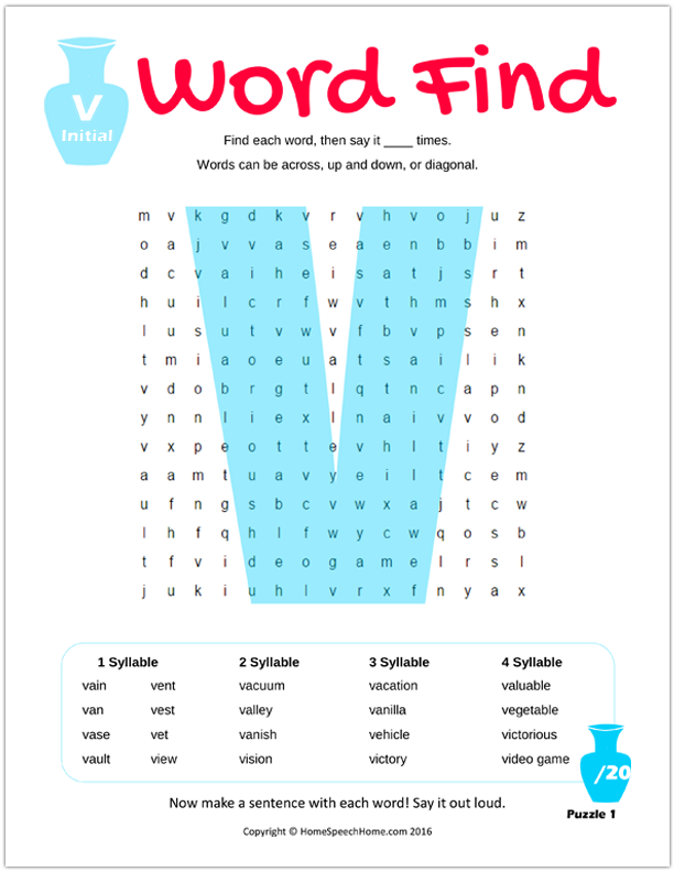V Articulation Word Search – HomeSpeechHome
