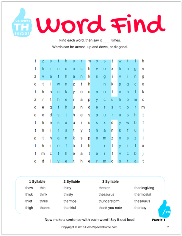Voiceless TH Articulation Word Search – HomeSpeechHome