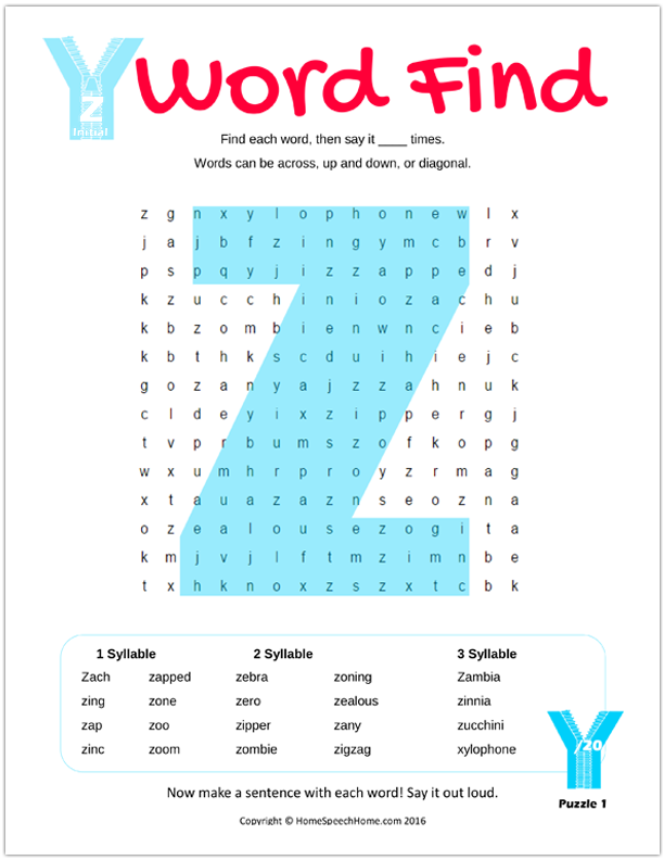 Z Articulation Word Search – HomeSpeechHome